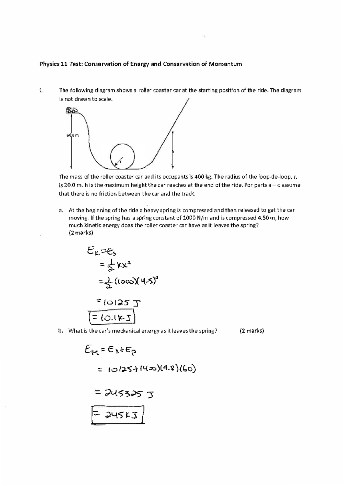 Physics 11 Test Solutions: Conservation of Energy & Momentum - Studocu