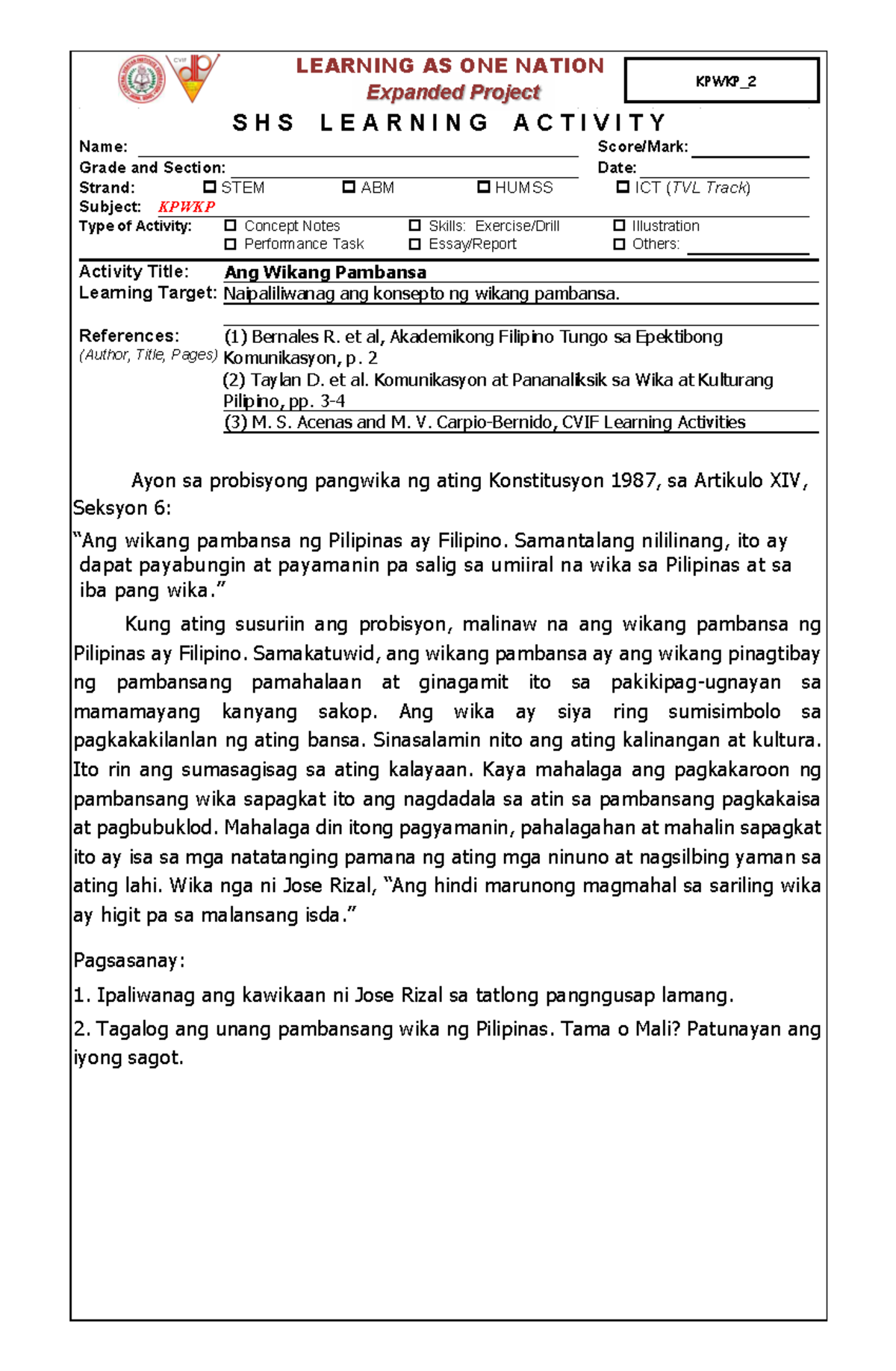 KPWKP_2Q1_1 Learning Activity: Ang Wikang Pambansa Notes - Studocu
