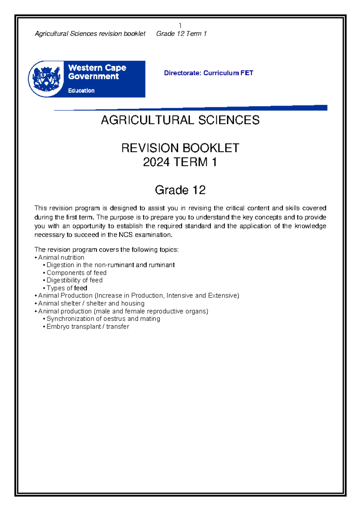Gr 12 Agricultural Sciences Term 1 2024 Revision Booklet - Studocu