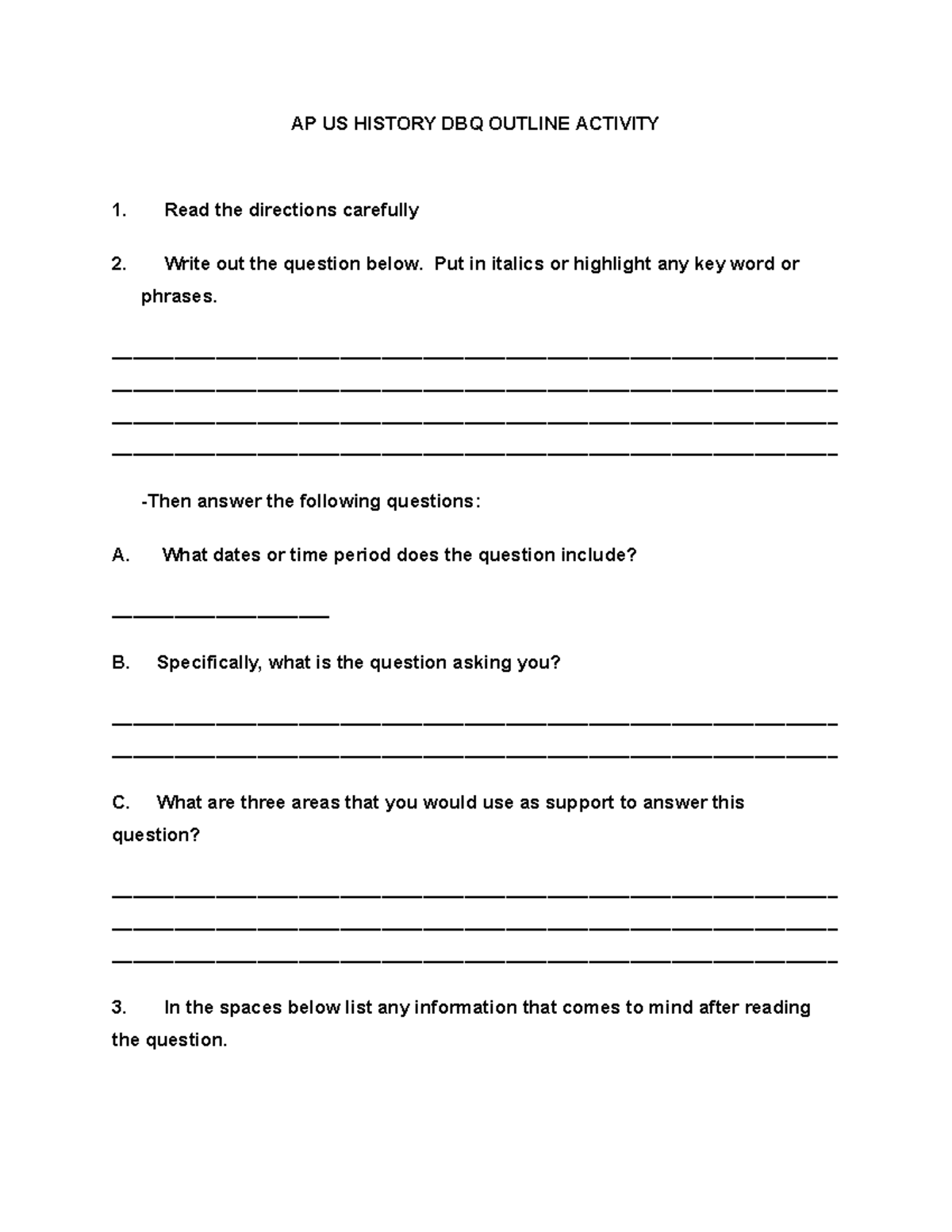 Apush DBQOutline - AP US HISTORY DBQ OUTLINE ACTIVITY Read the ...