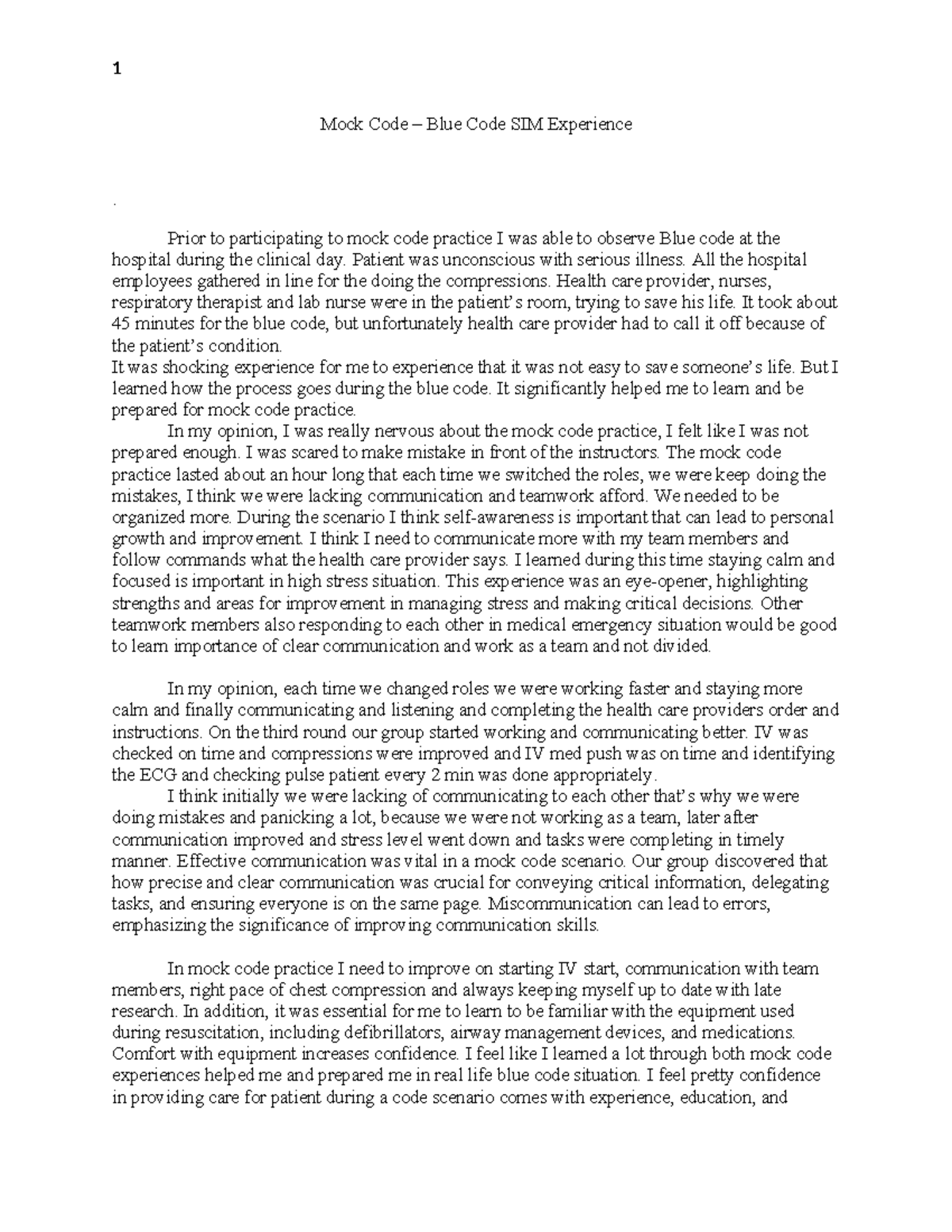 Mock Code Experience Review: Enhancing Skills in Emergency Care - Studocu