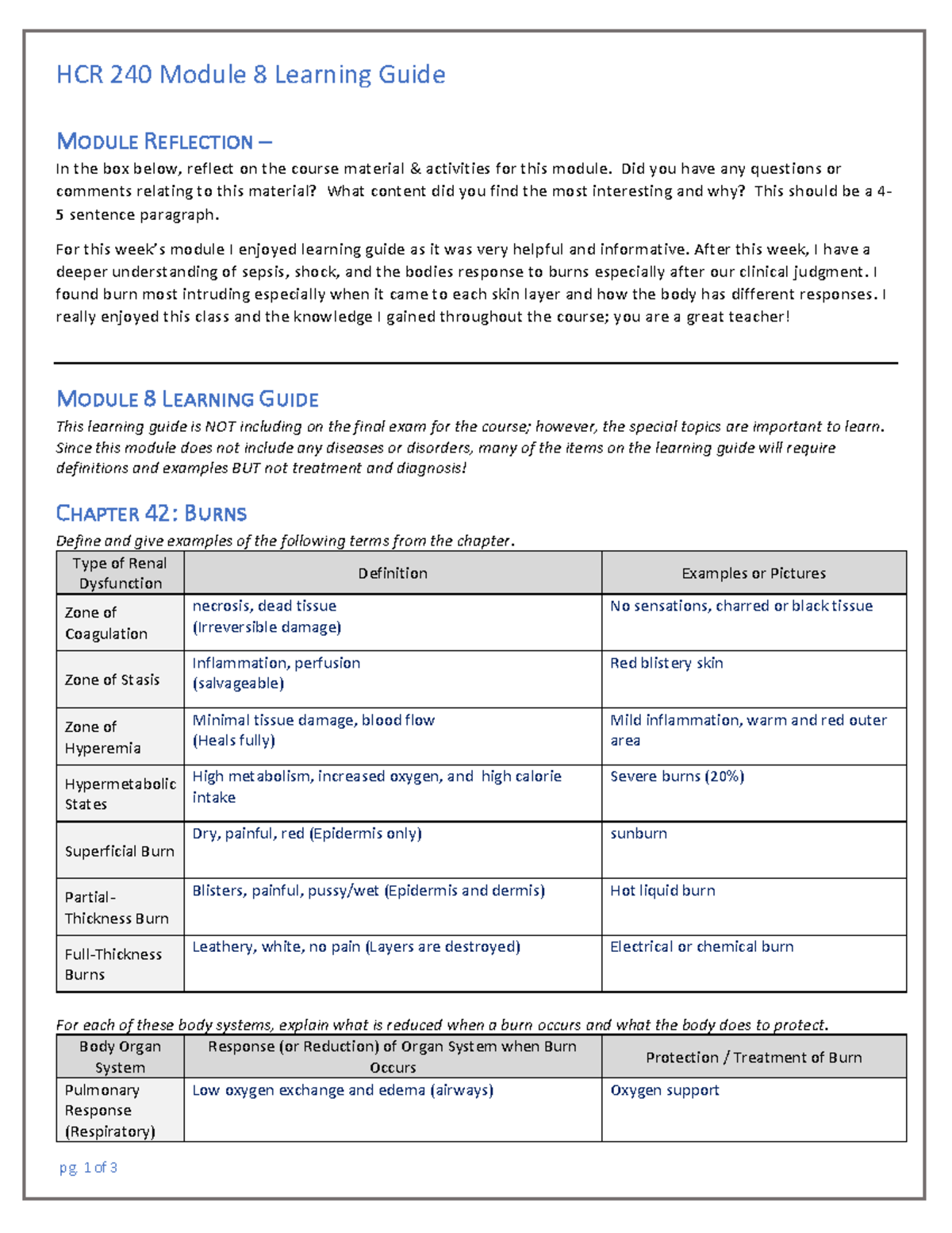 HCR 240 Module 8 Learning Guide: Reflection on Burns and Aging - Studocu