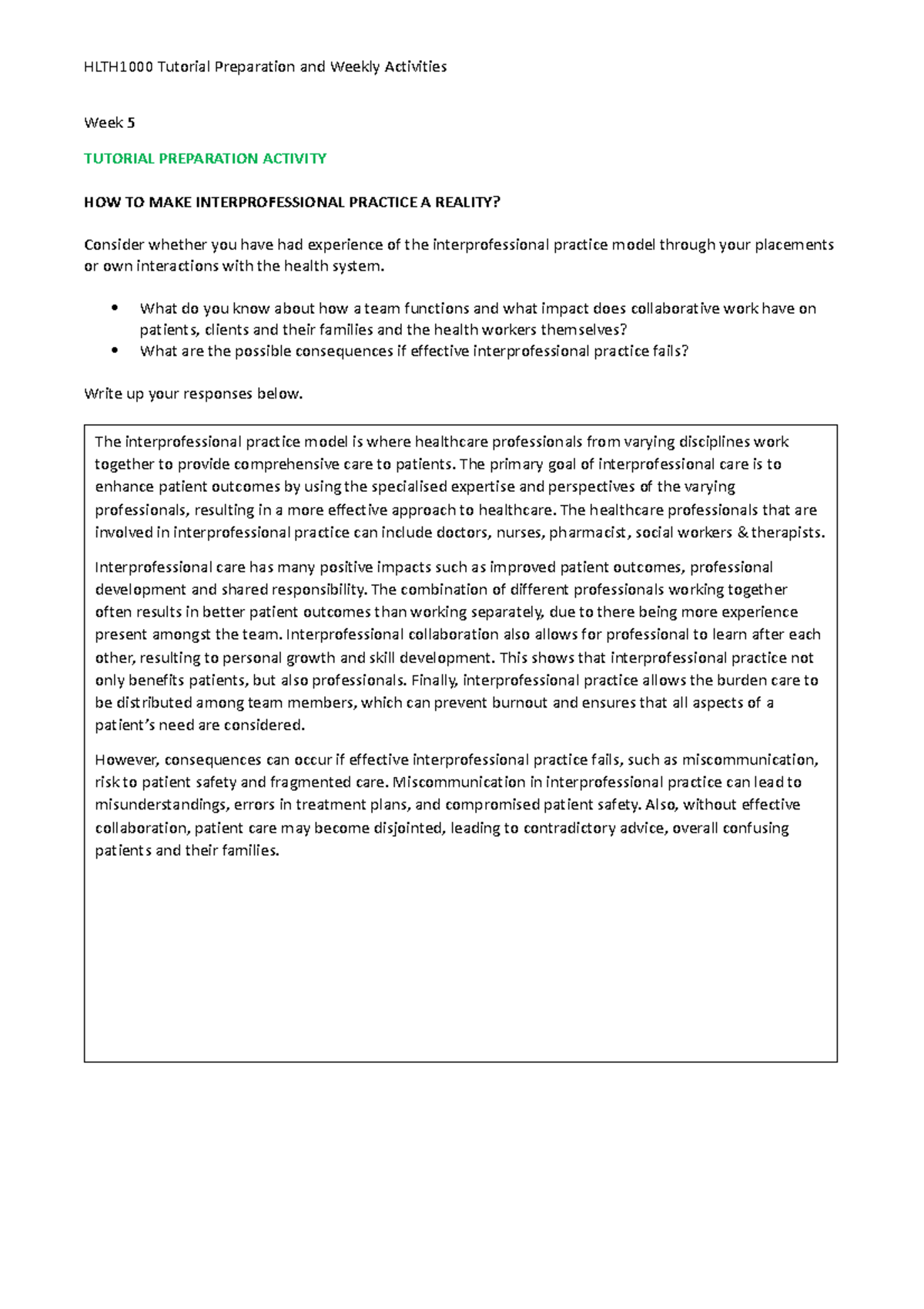 Week 5 tutorial preparation and weekly activities - HLTH1000 Tutorial ...