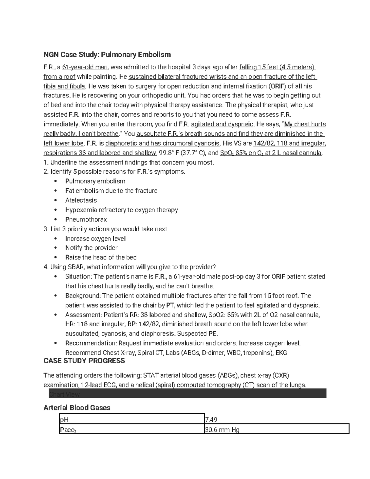 NGN Case Study: Managing Pulmonary Embolism in Post-ORIF Patient - Studocu
