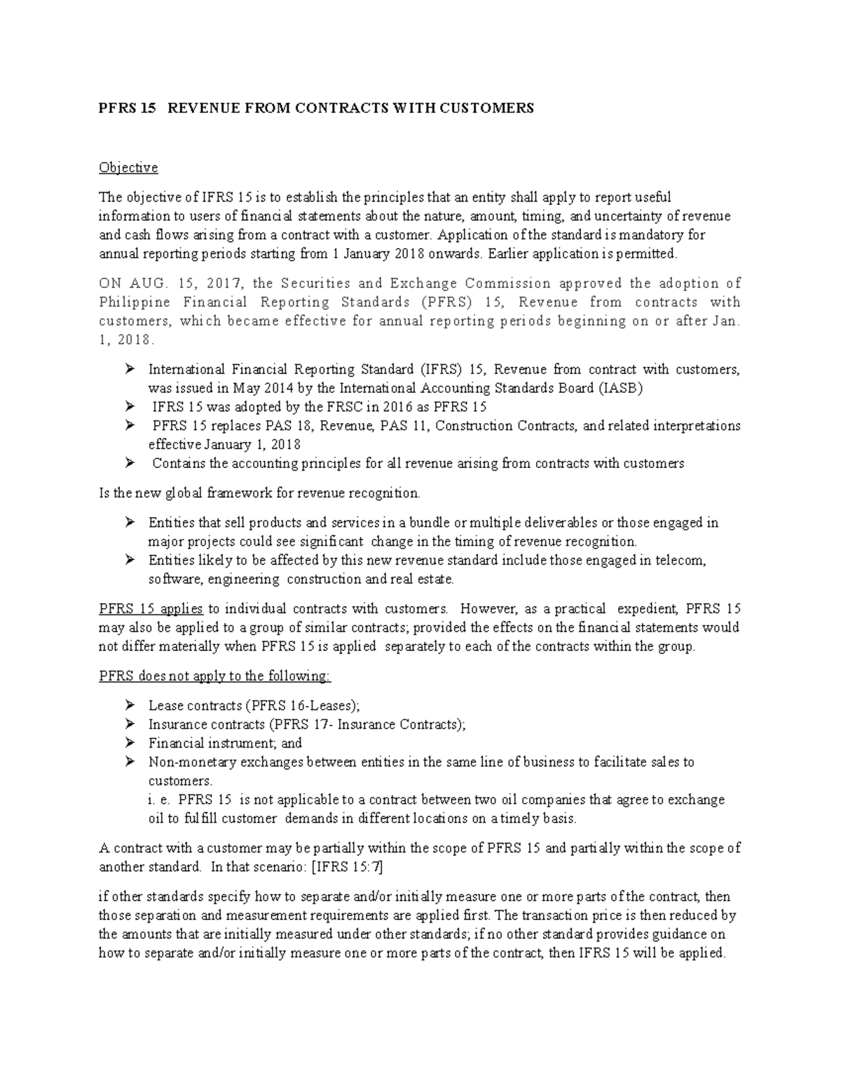PFRS 15 - Revenue Recognition Principles and Key Requirements - Studocu