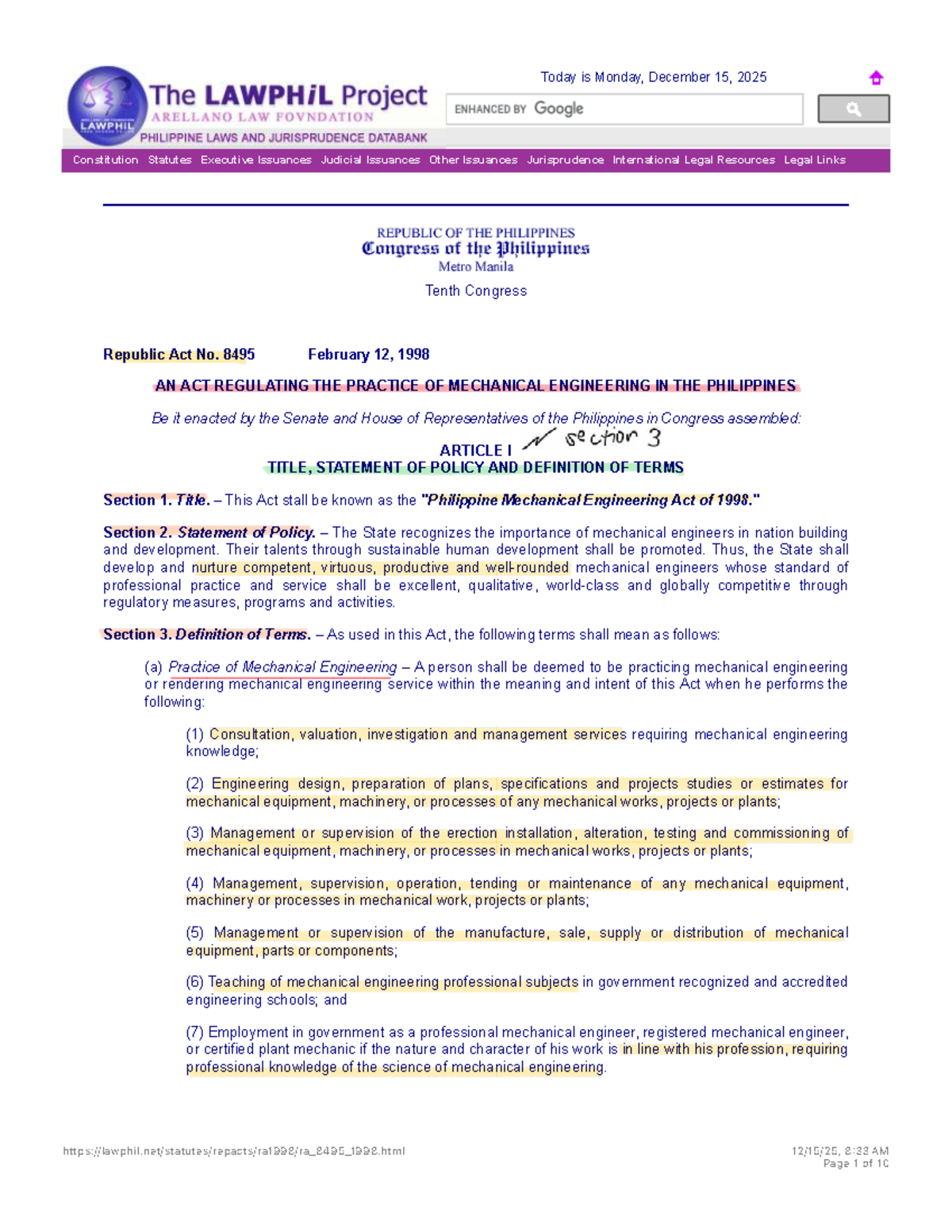 Republic Act No. 8495: Mechanical Engineering Practice Regulations ...