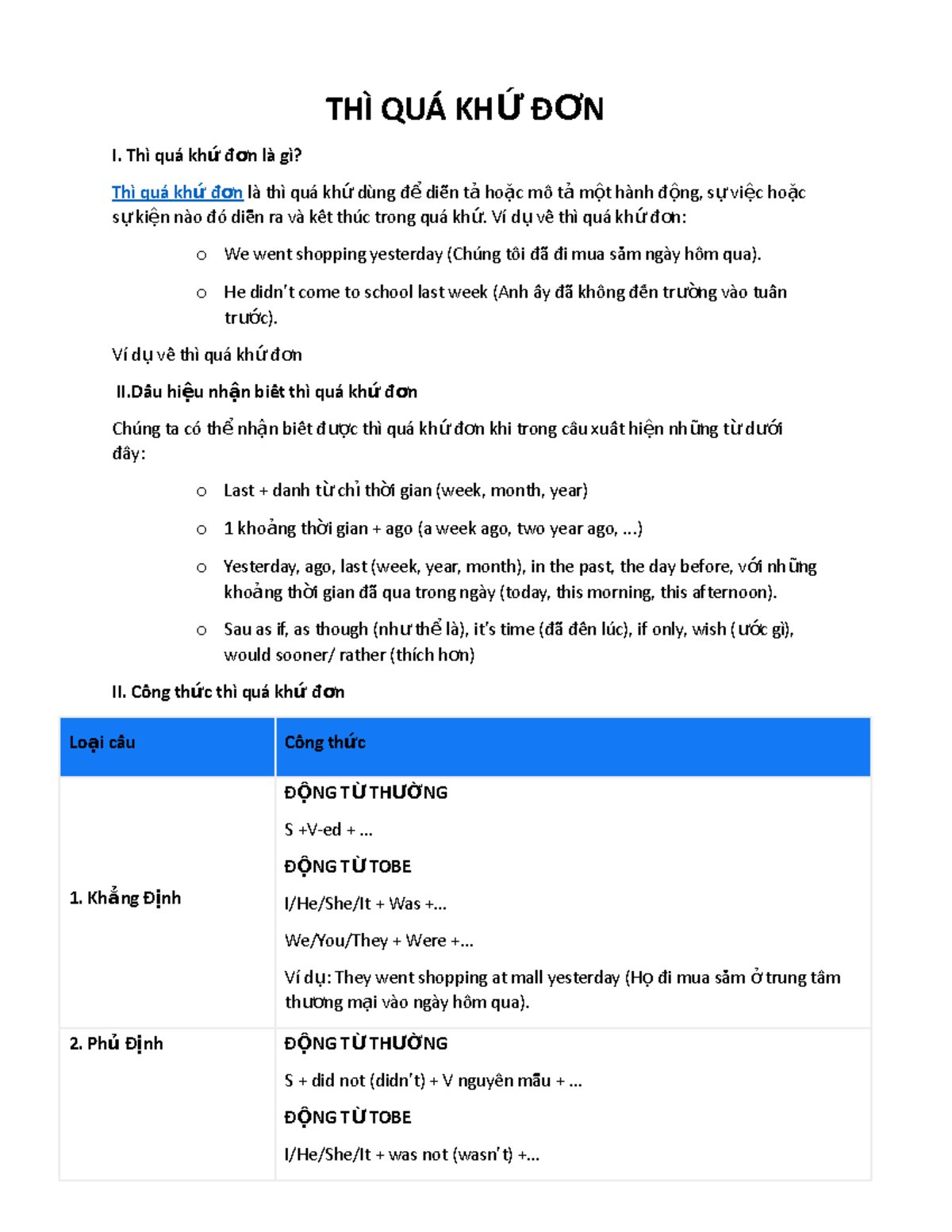 LÝ THUYẾT THÌ QUÁ KHỨ ĐƠN - THÌ QUÁ KH Ứ Đ ƠN I. Thì quá kh ứ đ ơn là gì? Thì quá kh ứ đ ơn là ...