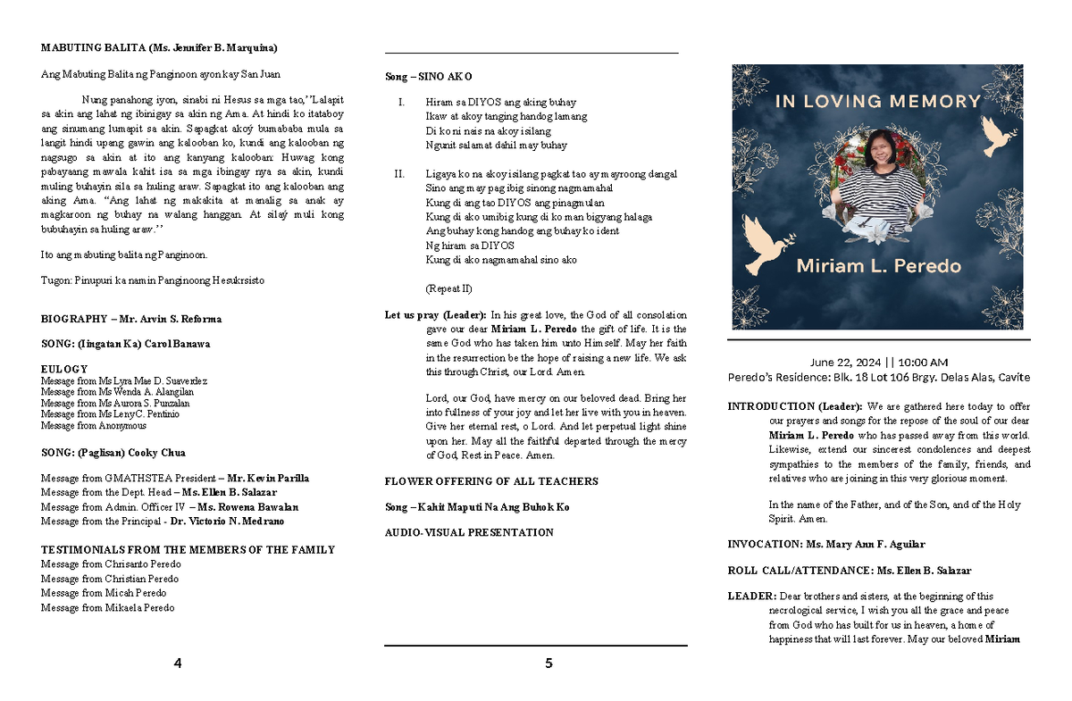 Necrological Service Program for Miriam L. Peredo - June 2024 - Studocu
