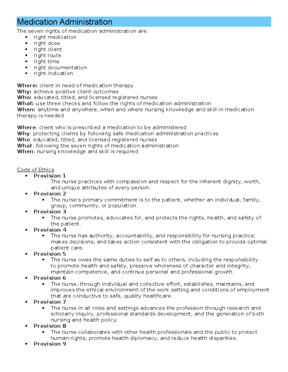 Week 6 Nursing Medication Administration Notes (Ethics & Rights) - Studocu