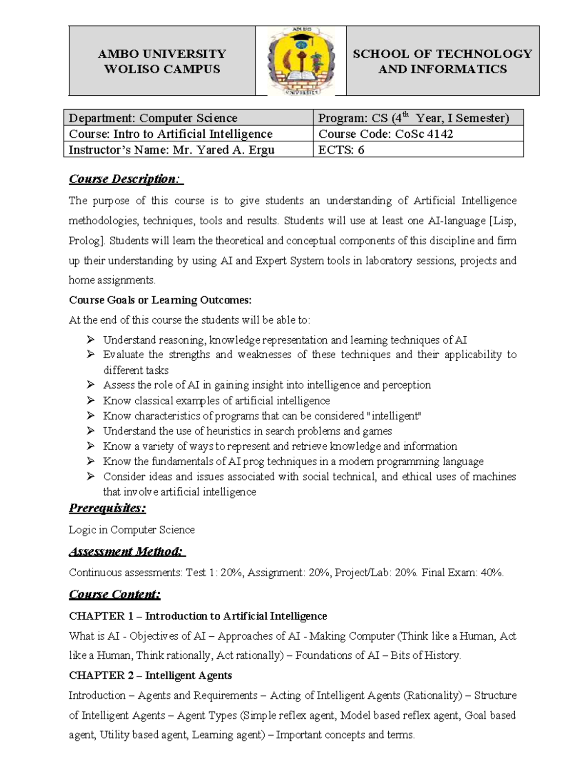 CoSc 4142: Intro to Artificial Intelligence Course Outline - Studocu