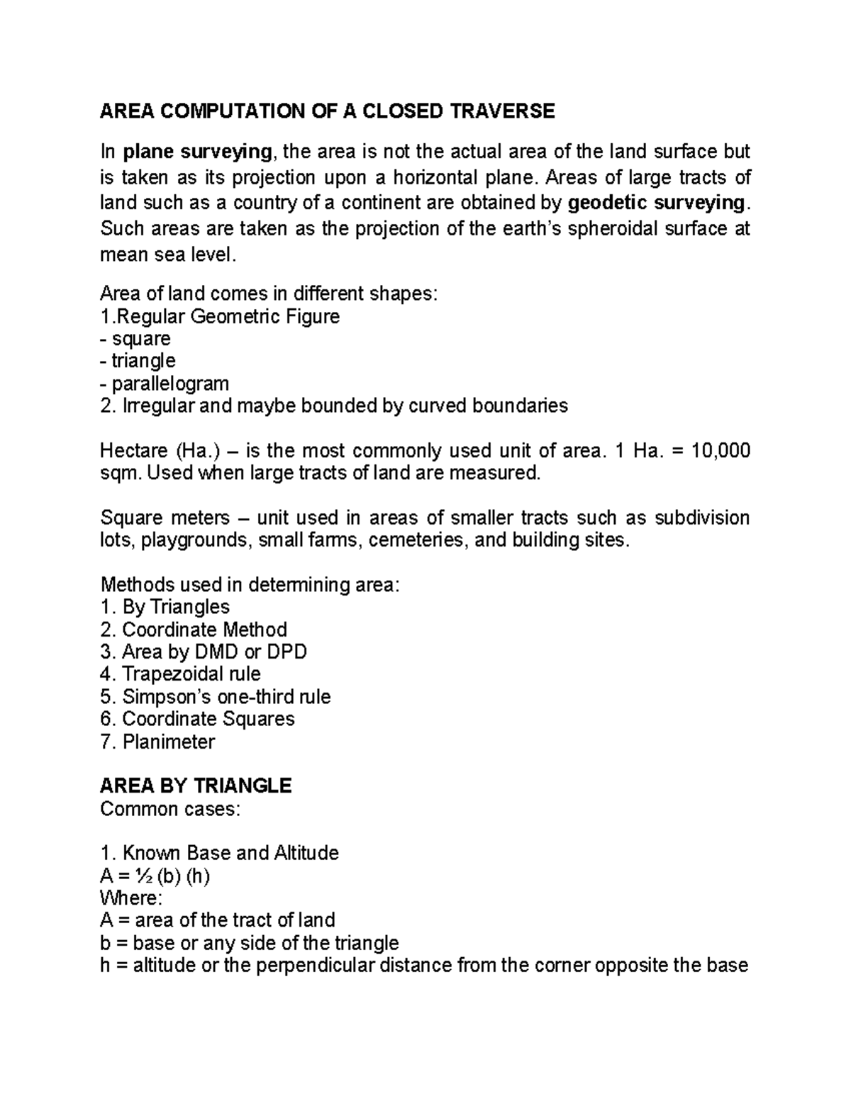 AREA COMPUTATION OF A CLOSED TRAVERSE IN PLANE SURVEYING - Studocu