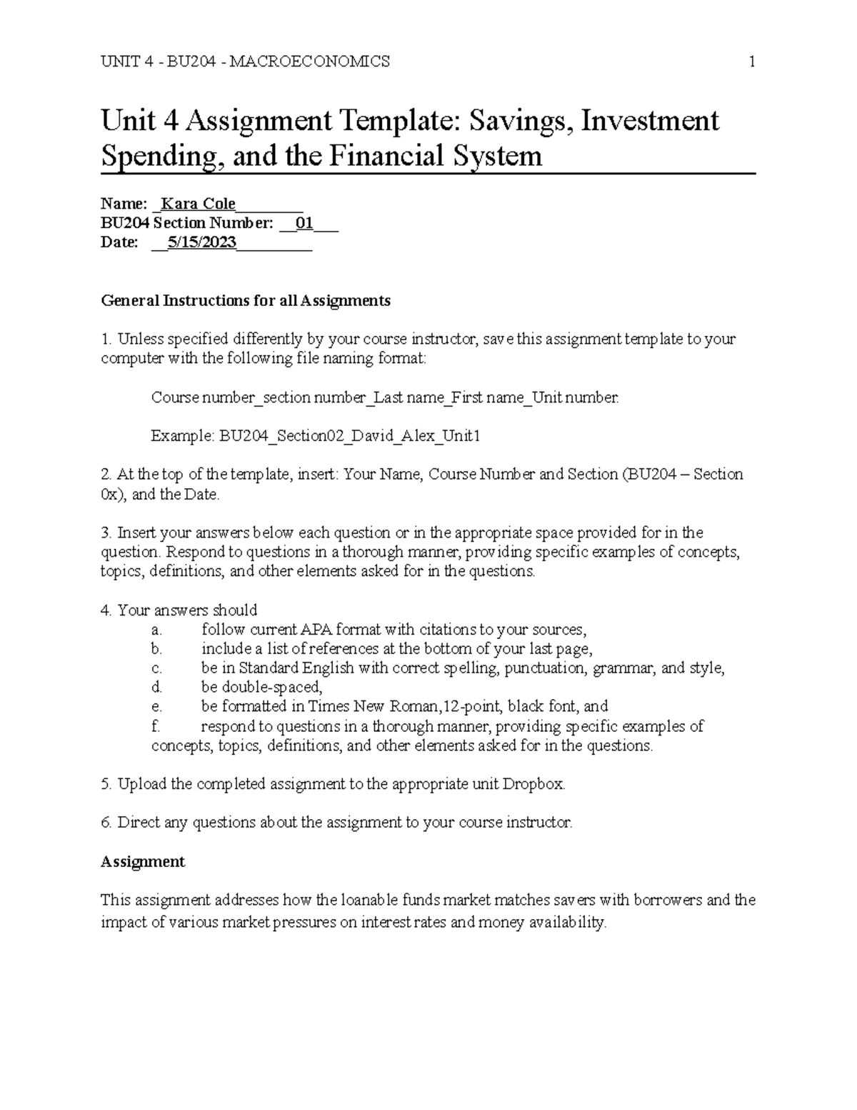 BU204 Unit 4 Assignment - Unit 4 Assignment Template: Savings ...