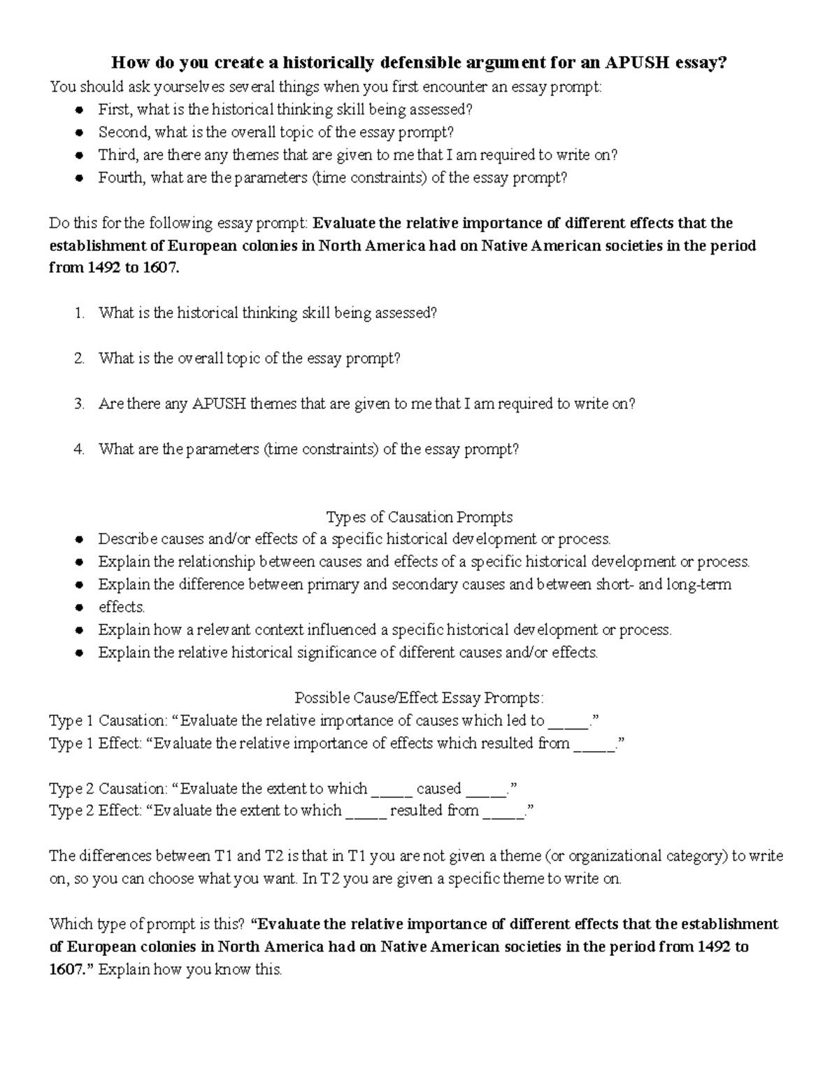 Creating a Historically Defensible Argument for APUSH Essay (Causation ...