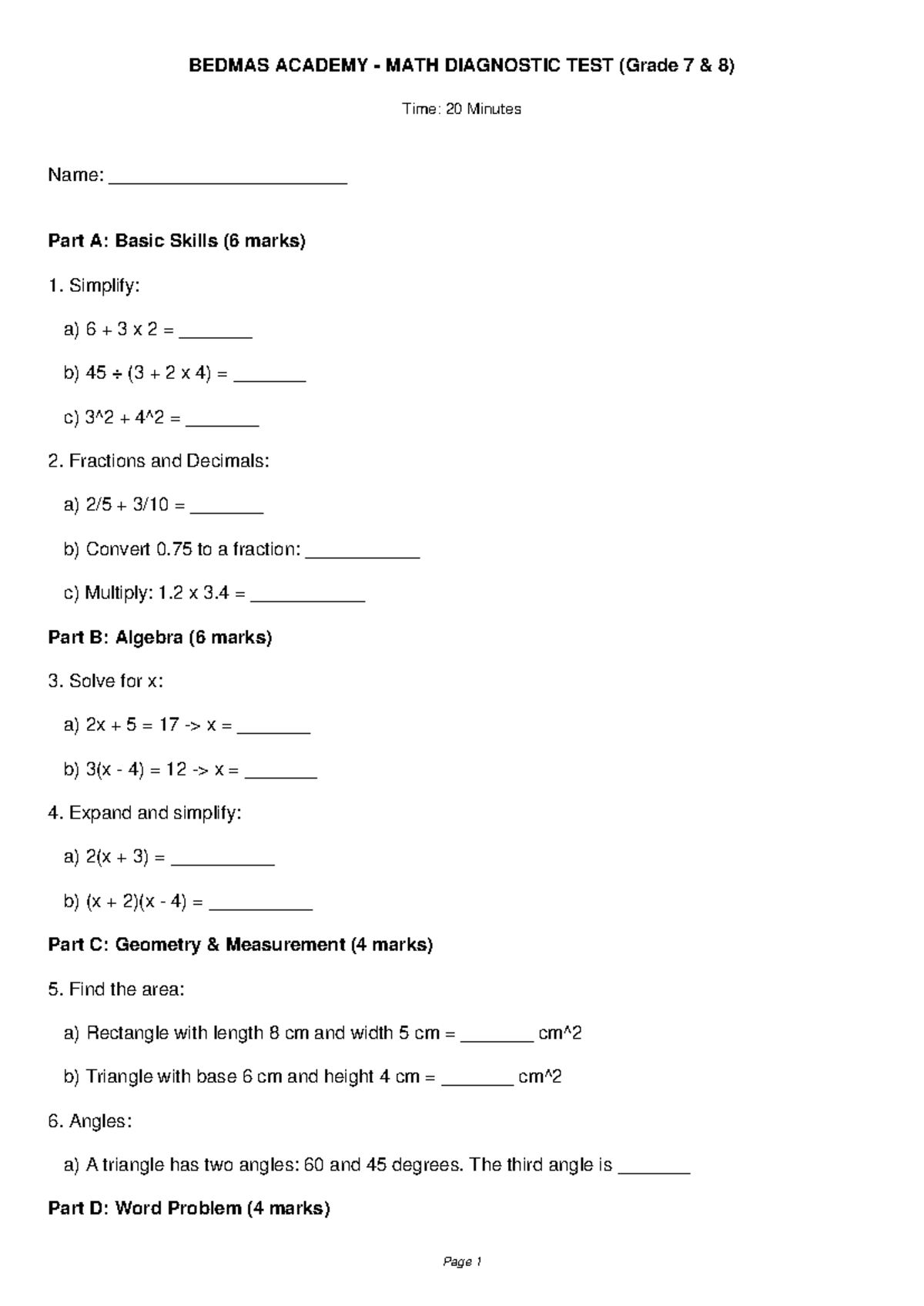 BEDMAS ACADEMY MATH DIAGNOSTIC TEST (Grade 7-8) - Studocu