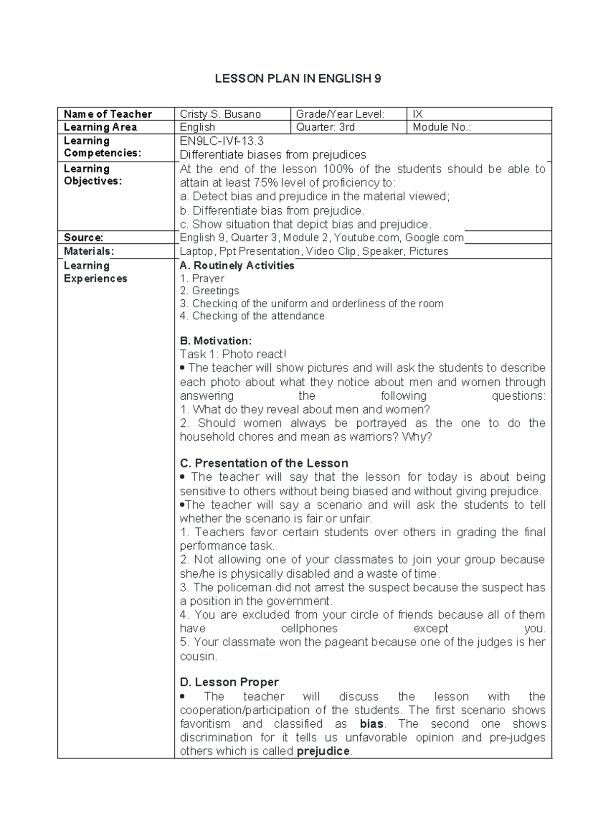 Lesson Plan - Grade 9 - Understanding Bias and Prejudice - Studocu