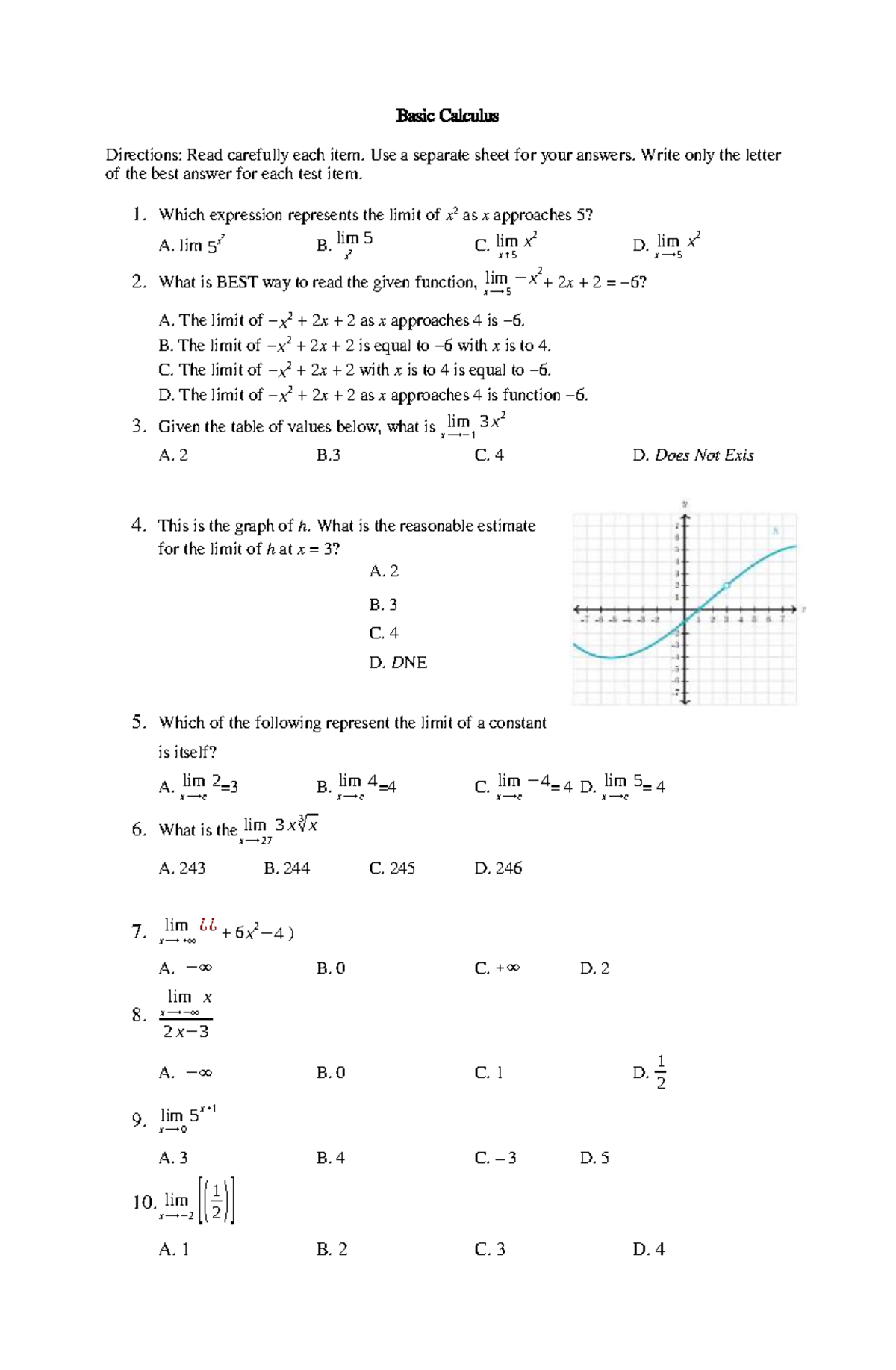 Test -bascal - Basic Calculus Directions: Read carefully each item. Use ...