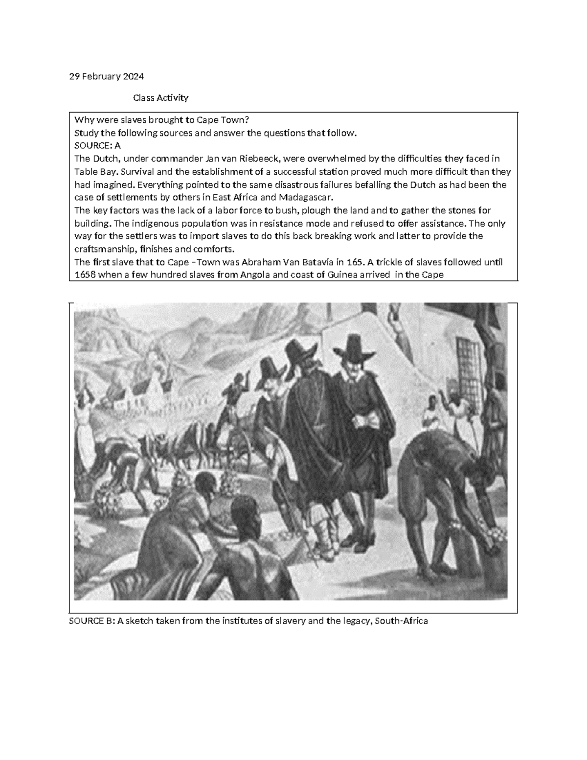 Grade 10 Class Activity: The Arrival of Slavery in Cape Town - Studocu