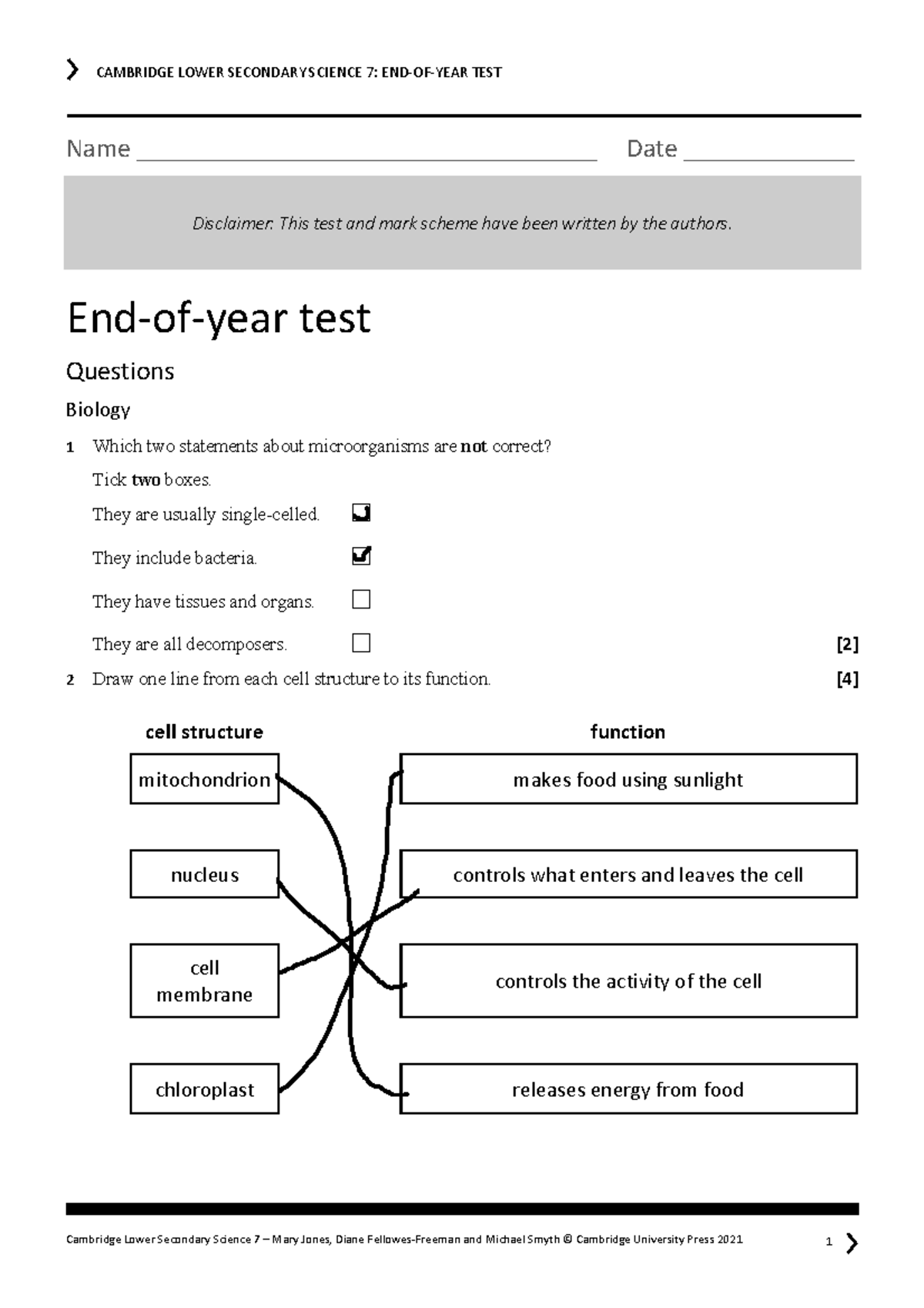 CAMBRIDGE LOWER SECONDARY SCIENCE 7: TEST QUESTIONS AND ANSWERS - Studocu