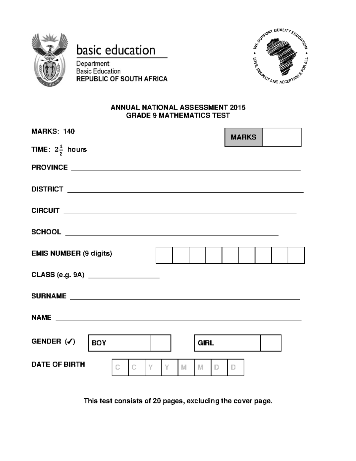2015 ANA Gr 9 Mathematics Test - Comprehensive Assessment Guide - Studocu