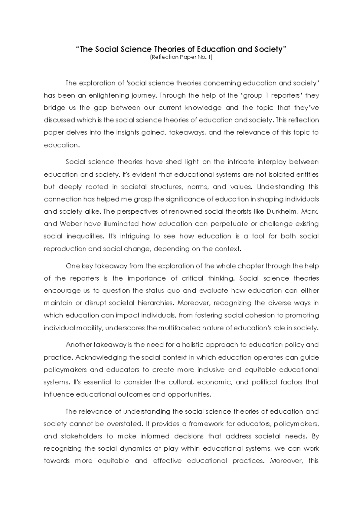 Educ 107 - Reflection on Social Science Theories in Education - Studocu