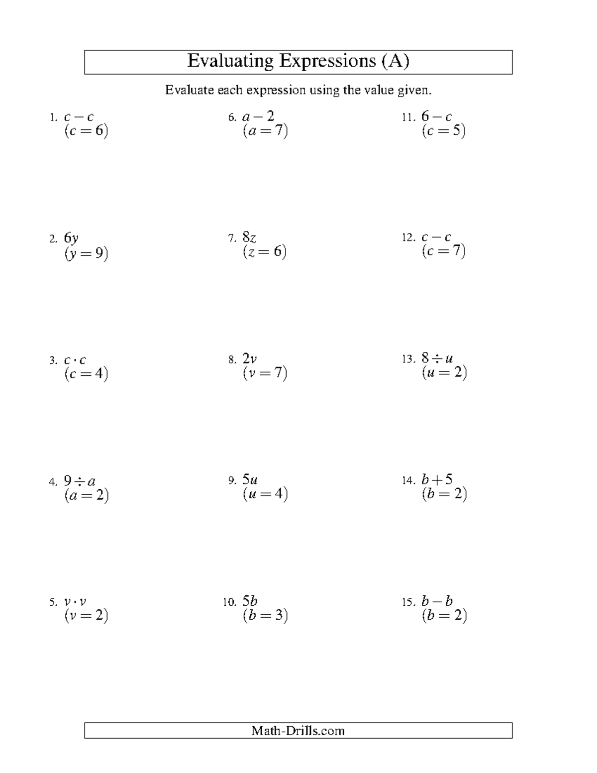 Algebra evaluating algebraic expressions one variable one step noexponent 001qp - ED 2860 - Studocu