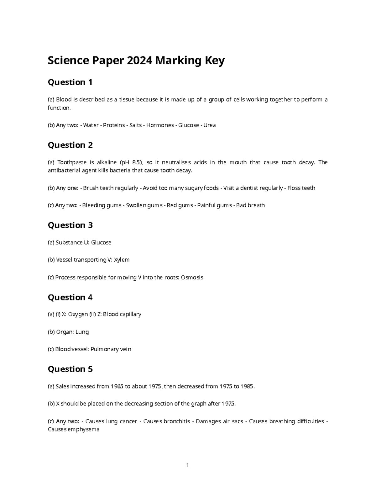 Science Paper 2024 Marking Key: Detailed Answers and Explanations - Studocu