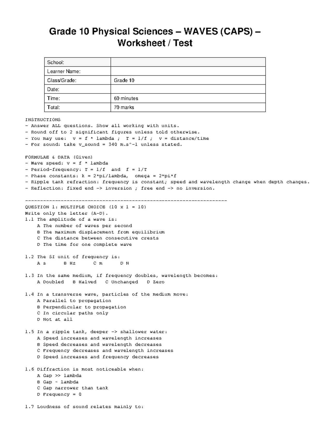 Grade 10 Physical Sciences Waves Worksheet Test (CAPS) - Studocu