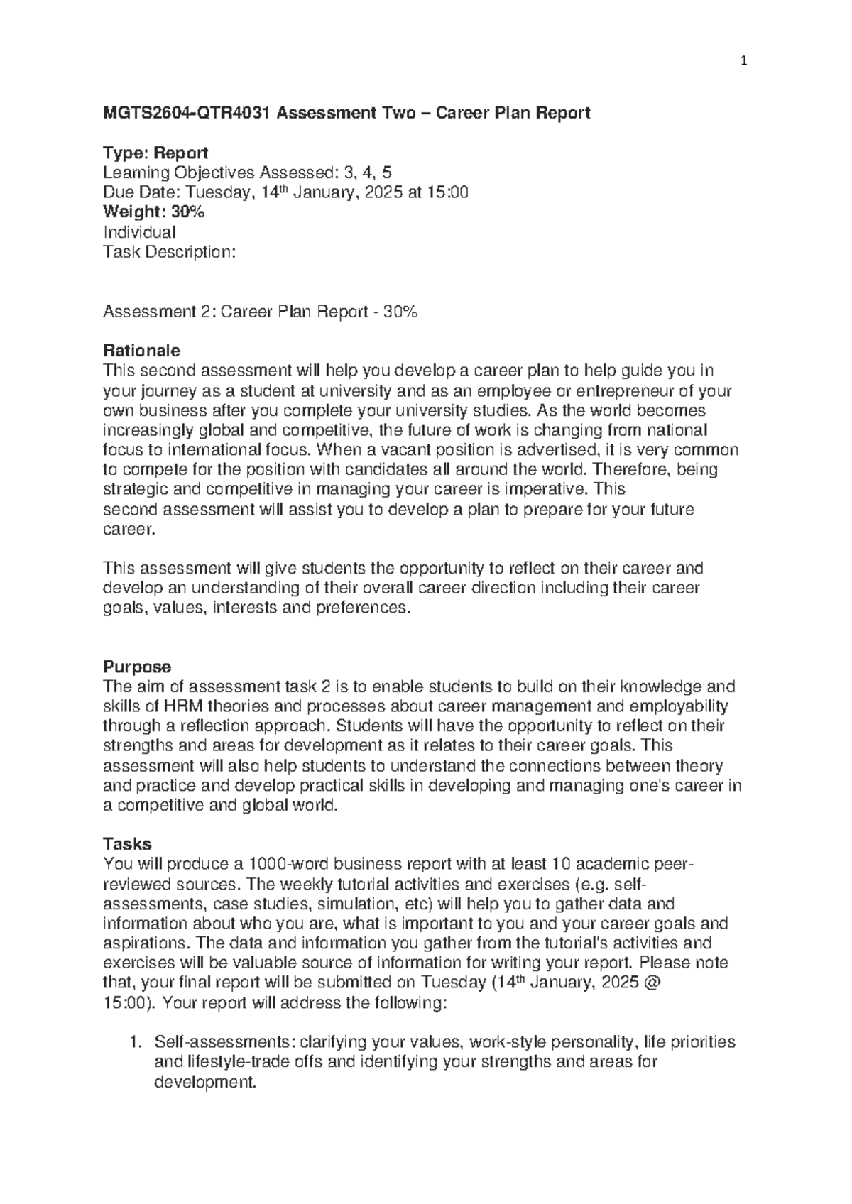 MGTS2604-QTR4031 Assessment 2: Career Plan Report Guidelines - Studocu