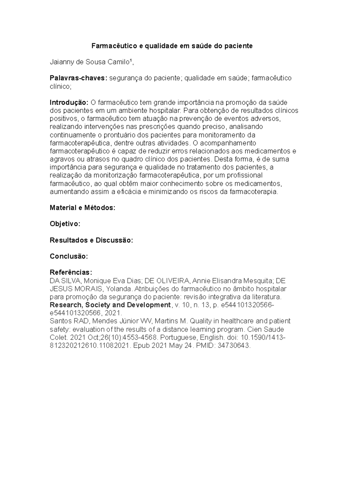 Resumo: Segurança do Paciente e Papel do Farmacêutico na Saúde - Studocu