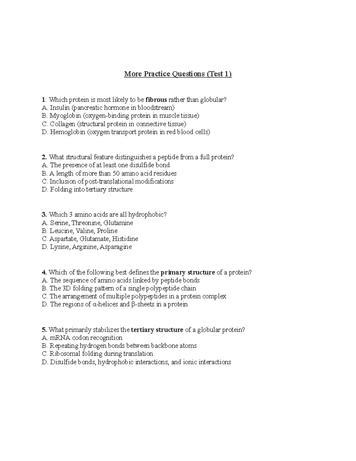 Biochem 101: Additional Practice Questions for Test 1 - Studocu