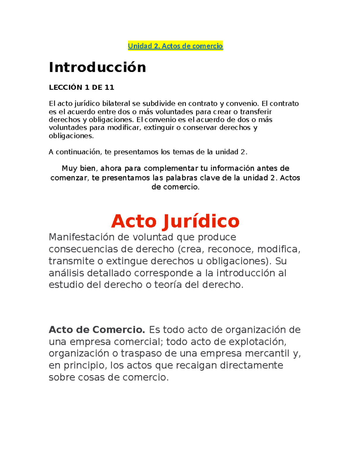 Unidad 2: Actos de Comercio - Lecciones y Conceptos Clave - Studocu