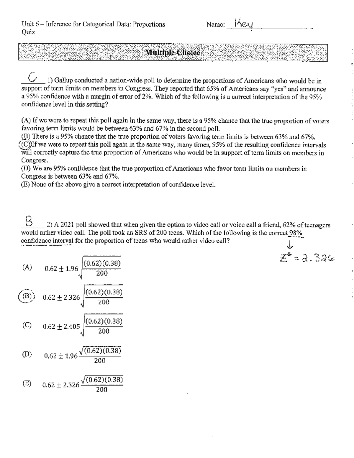 Unit 6 Quiz Key: Inference for Categorical Data - Stats - Studocu