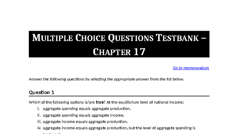 Economics 5 MCQ Testbank: Chapter 17 Questions and Answers - Studocu