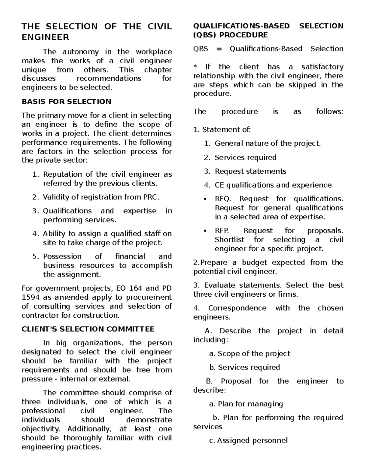 QBS Procedure for Selecting Civil Engineers: Key Recommendations - Studocu