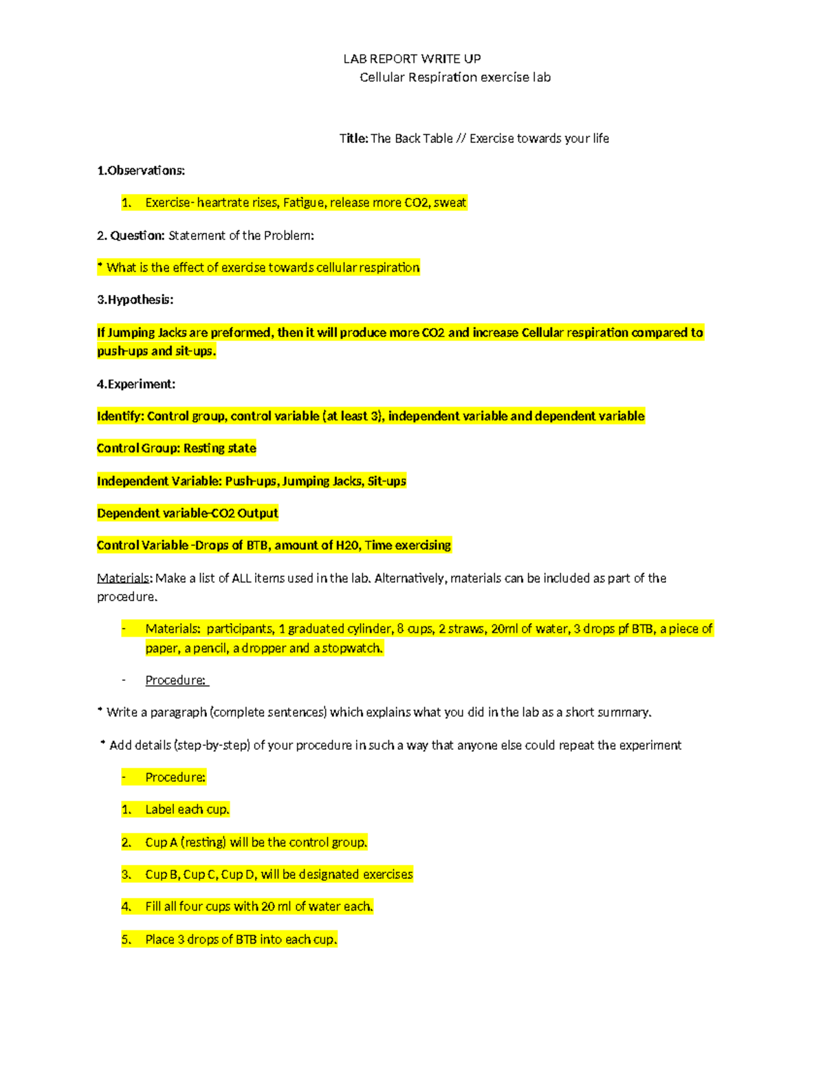Cellular Respiration Lab Report: Effects of Exercise on CO2 Output ...