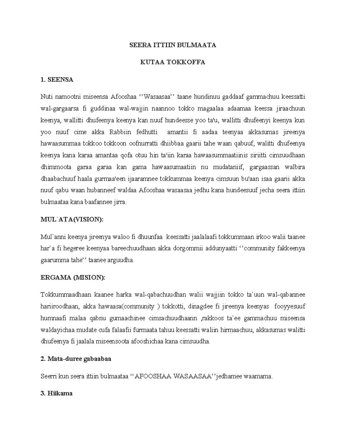 518327611 Seera Ittiin Bulmaata Afooshaa: Seensa, Mul'ata fi Hiikama ...