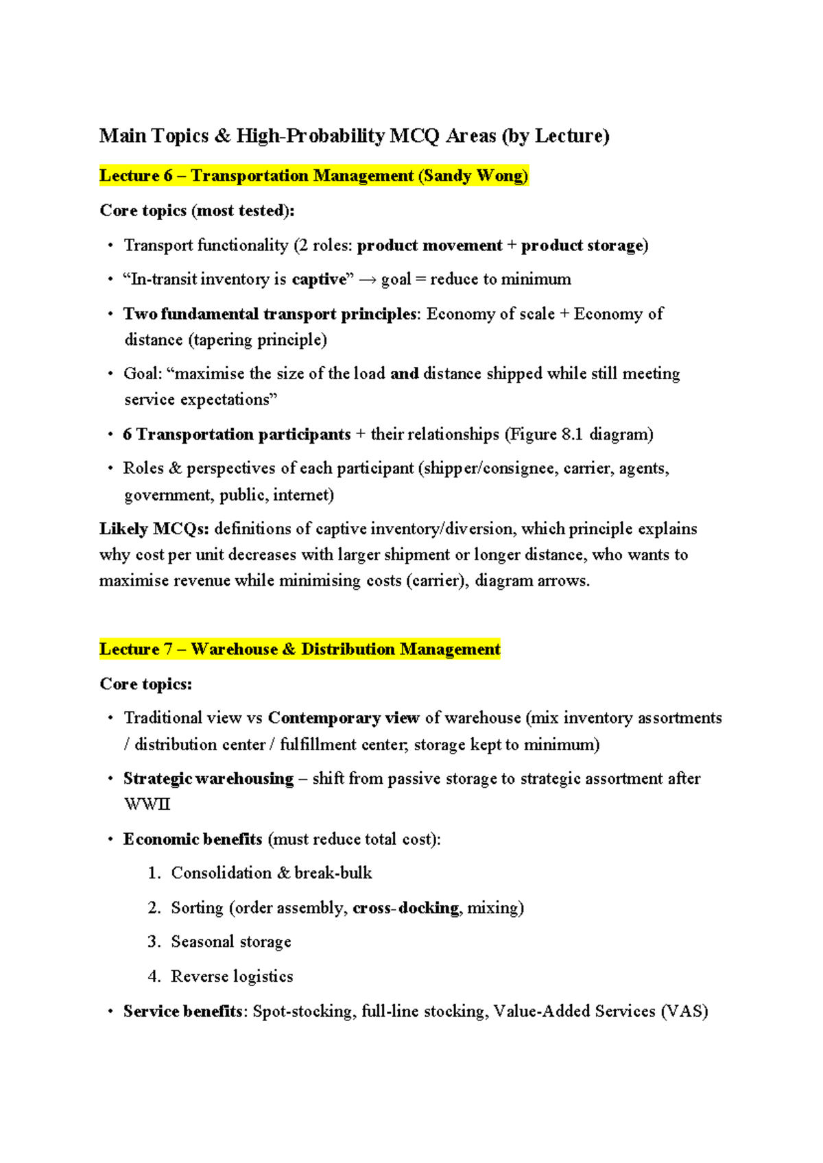 Final Quiz MOCK Review for Transportation Management (TL 101) - Studocu