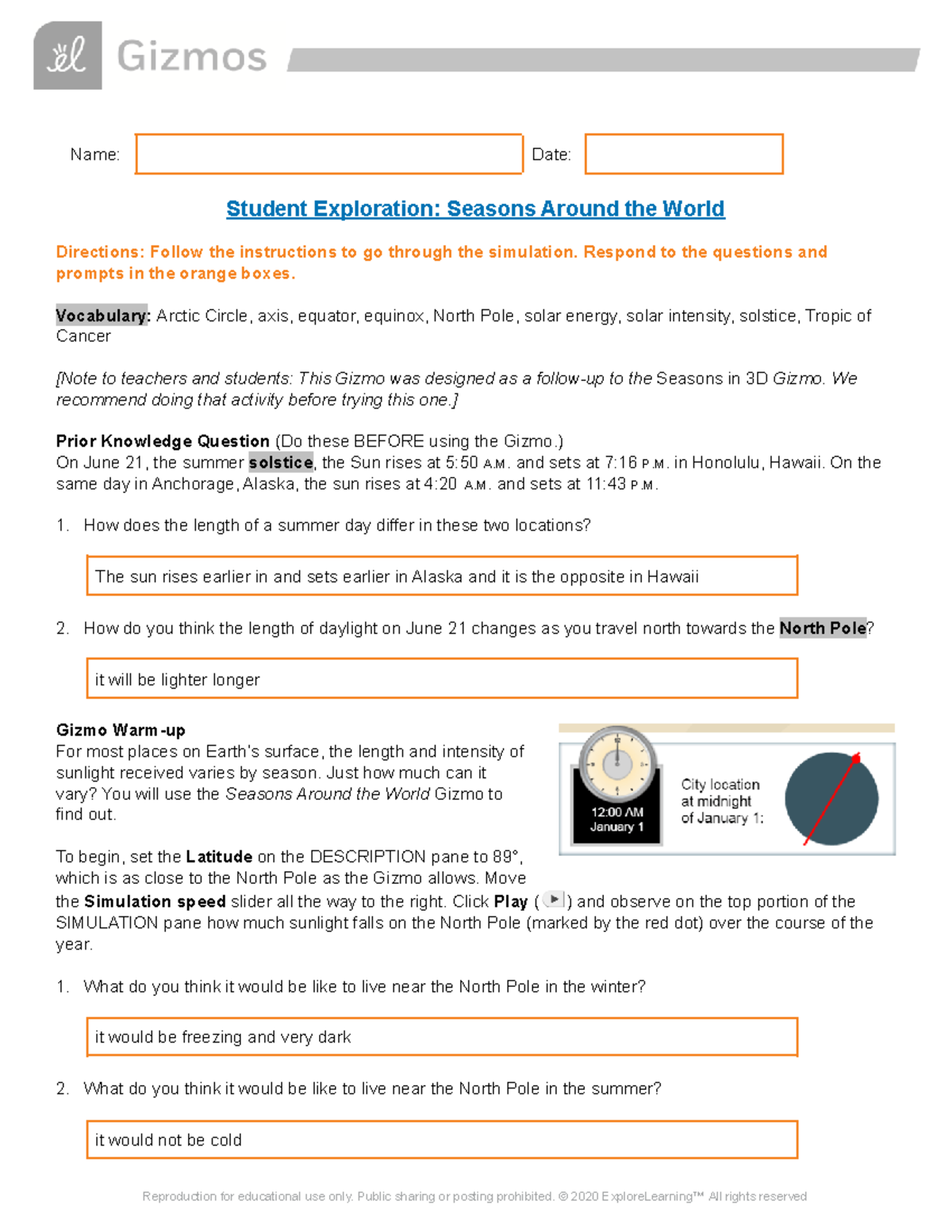 Copy of Seasons Around World Gizmo - Name: Date: Student Exploration ...