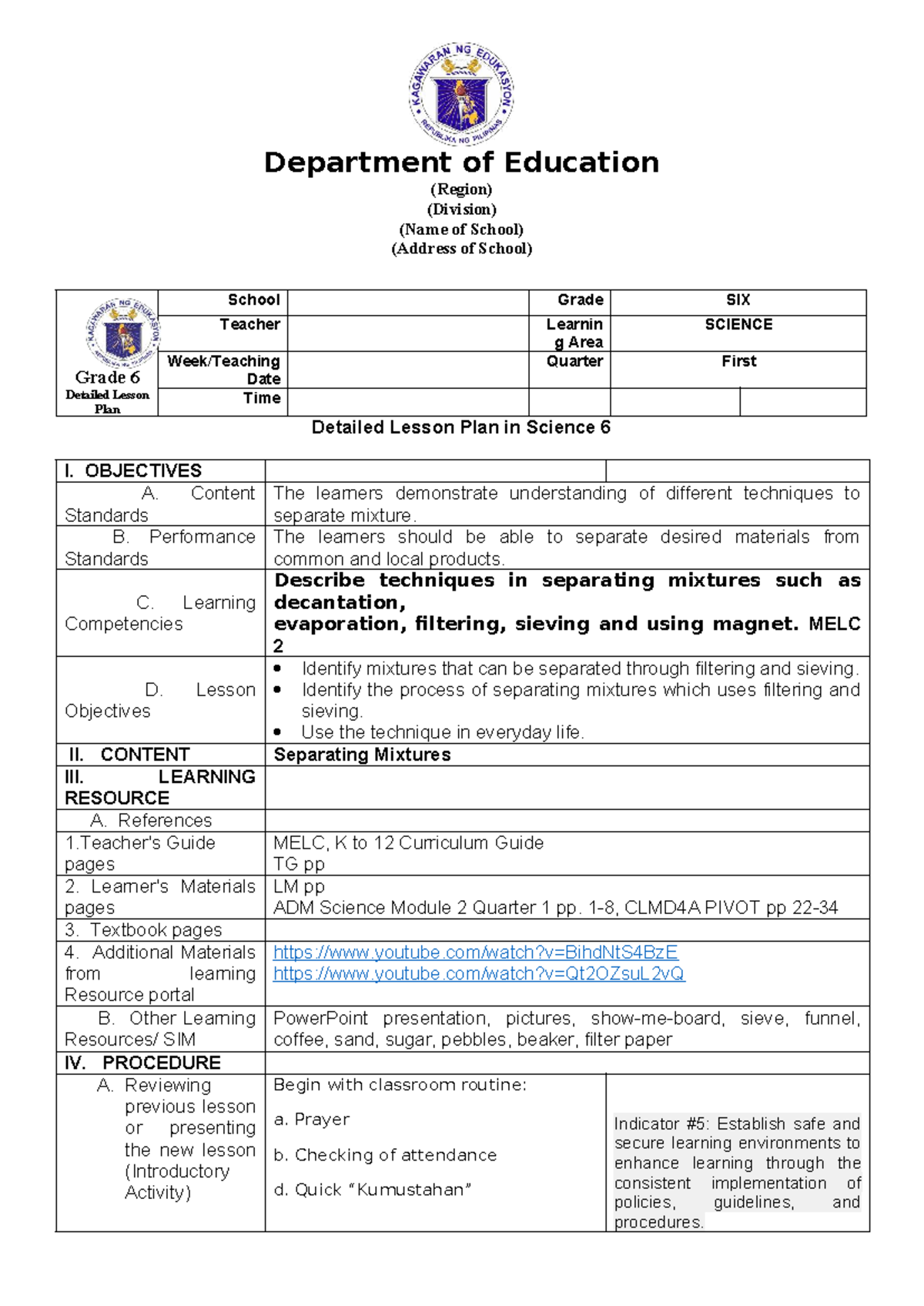 COT Science 6 Q1 W5: Detailed Lesson Plan on Separating Mixtures - Studocu