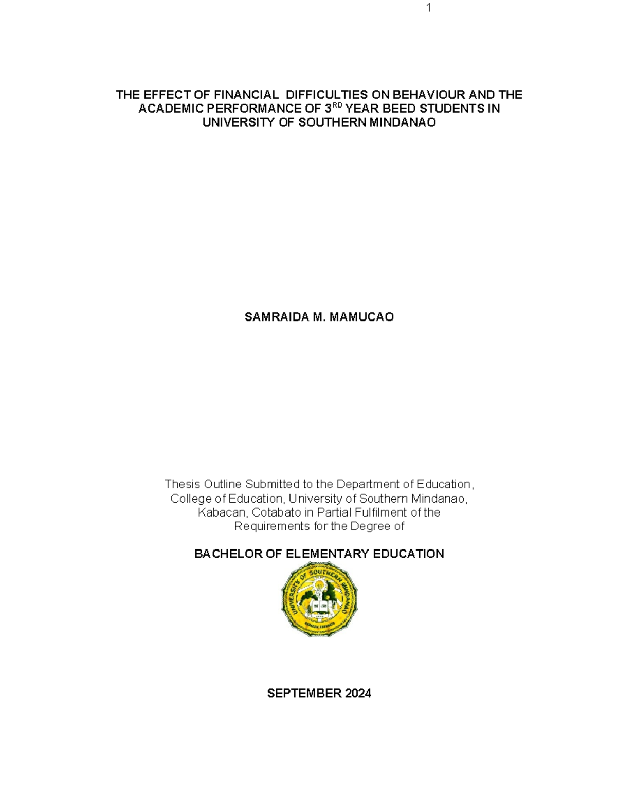 Chapter 1: Introduction to Financial Difficulties in 3rd Year BEED Students - SAM - Studocu