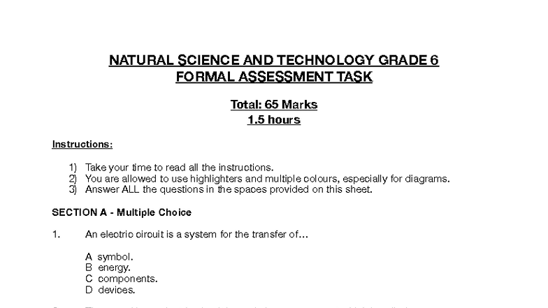Natural Science & Tech Grade 6 Formal Assessment Task - Studocu