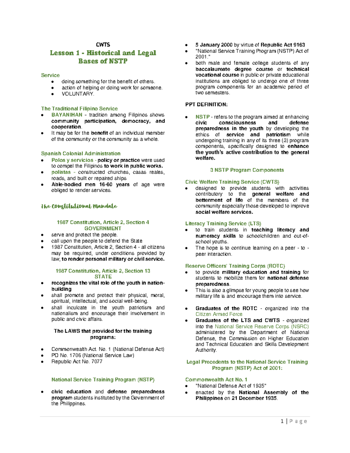 CWTS Lesson 1 18 Reviewer 1 - CWTS Lesson 1 - Historical and Legal ...