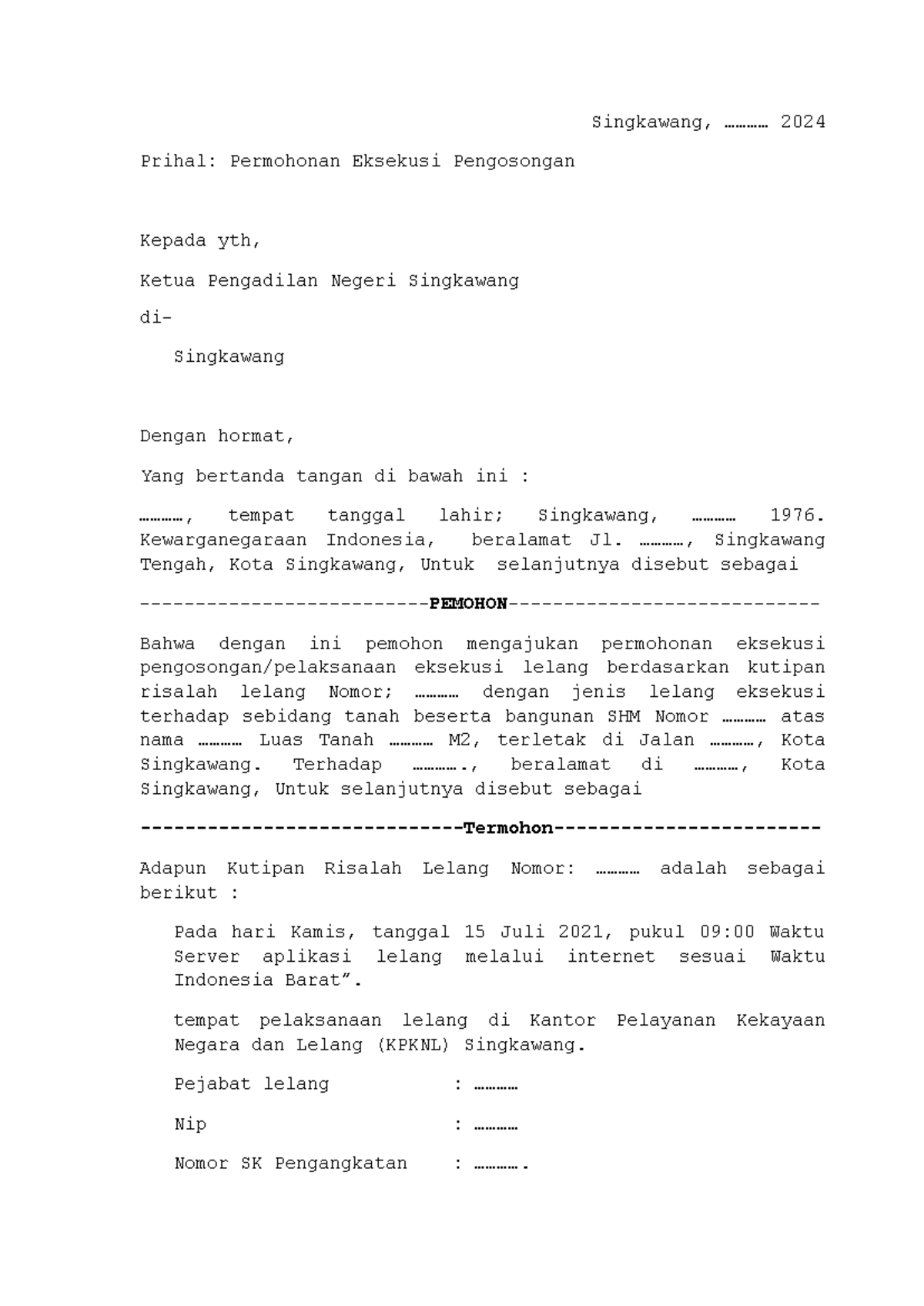 Permohonan Eksekusi Lelang di Singkawang - 2024 - Studocu