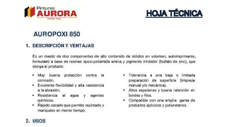 AUROPOXI 850 Rev - Descripción y Ventajas del Mastic Epóxico - Studocu