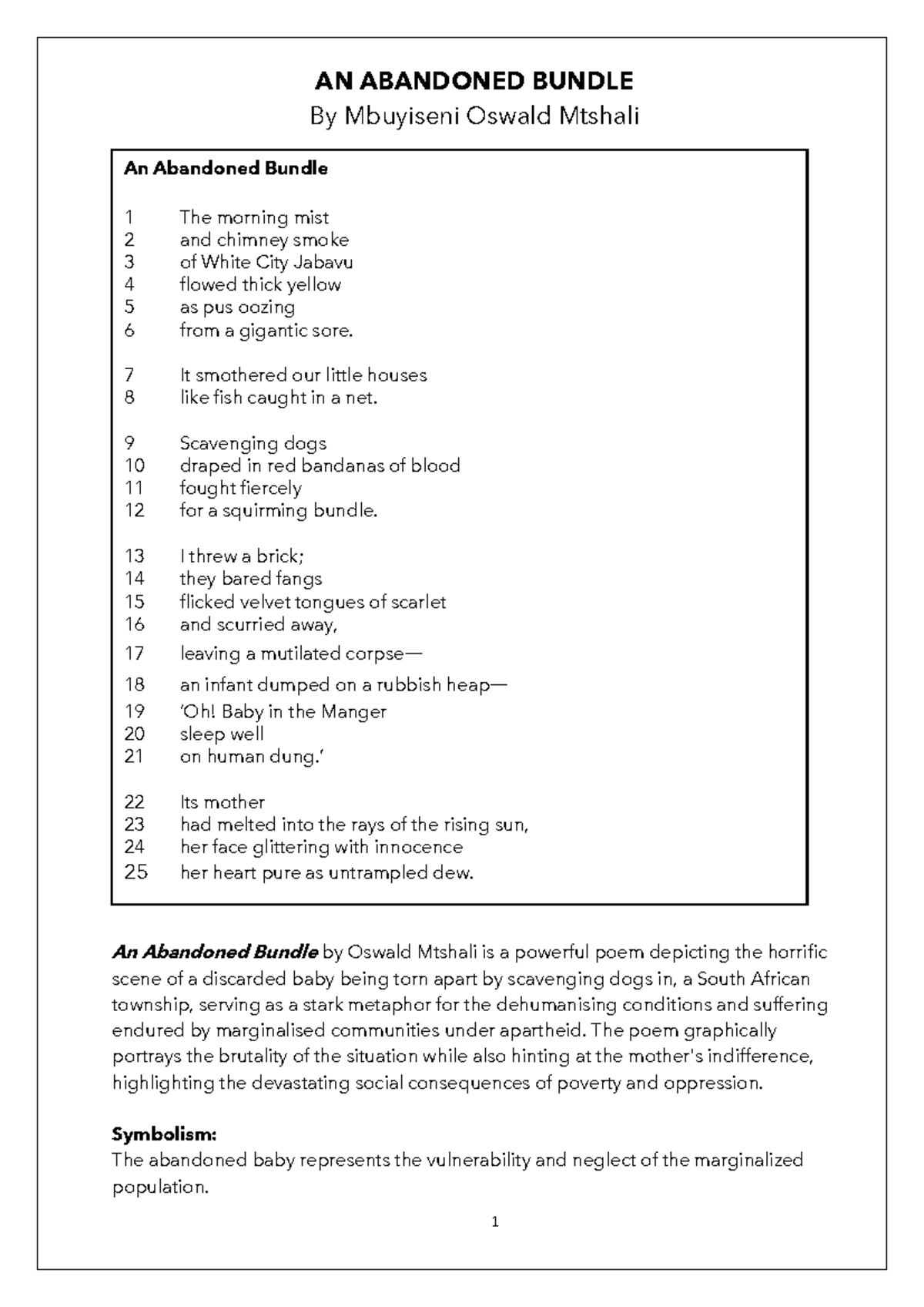 ENG 101: An Abandoned Bundle - Poem Analysis and Activity - Studocu