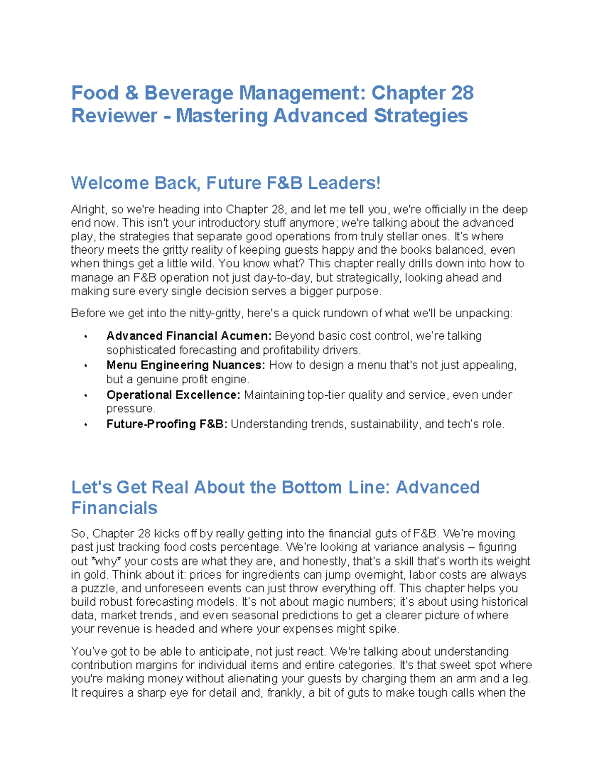 F&B Management: Chapter 28 Review on Advanced Strategies - Studocu