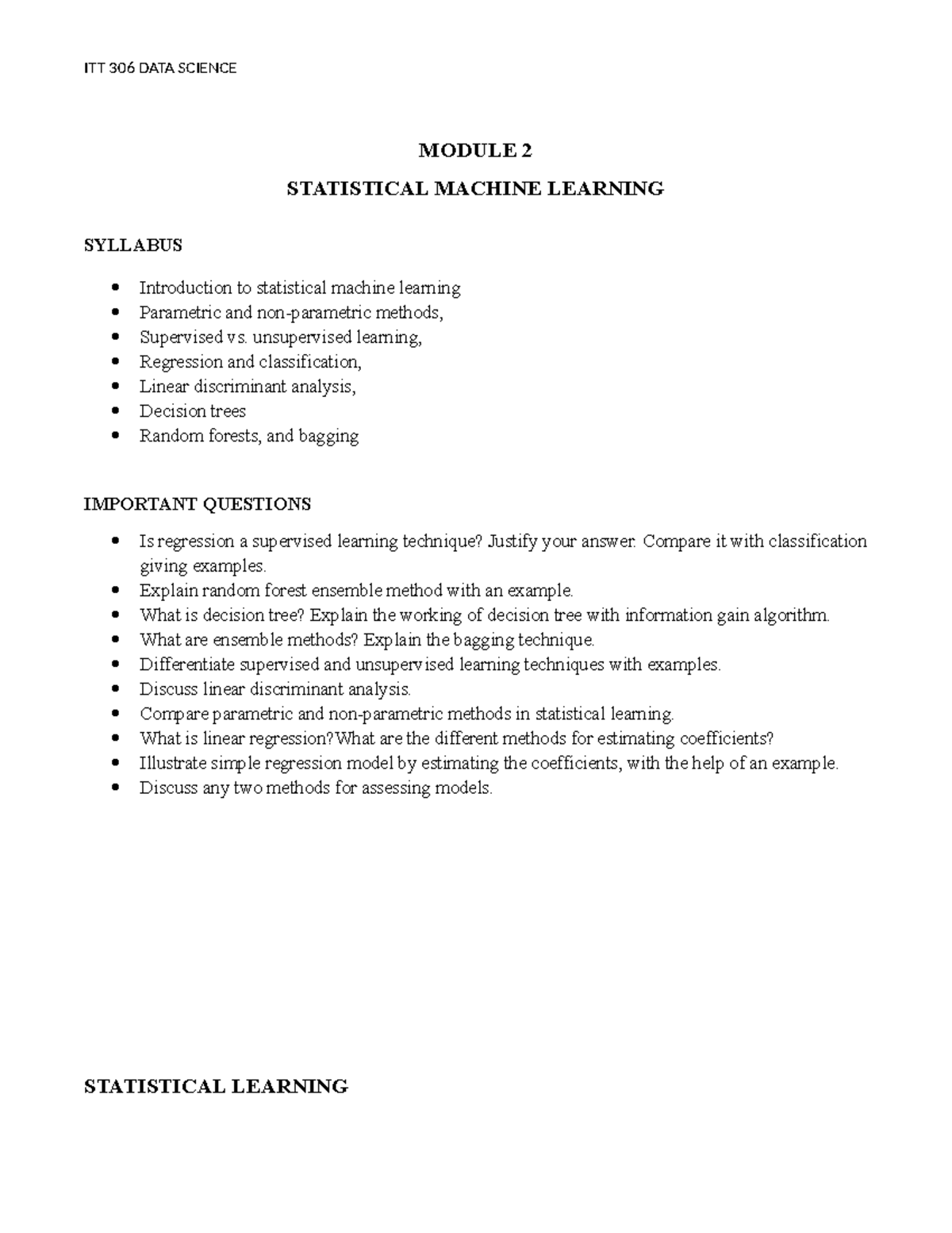 ITT 306 Data Science Module 2: Statistical Machine Learning Syllabus ...