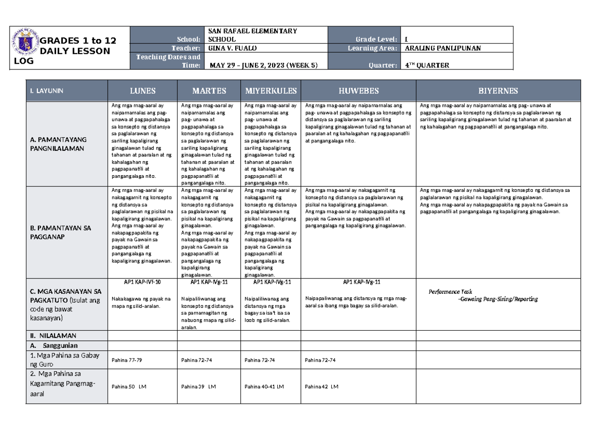 DLL AP1 Araling Panlipunan 4th Quarter Week 5 Lesson Plan - Studocu