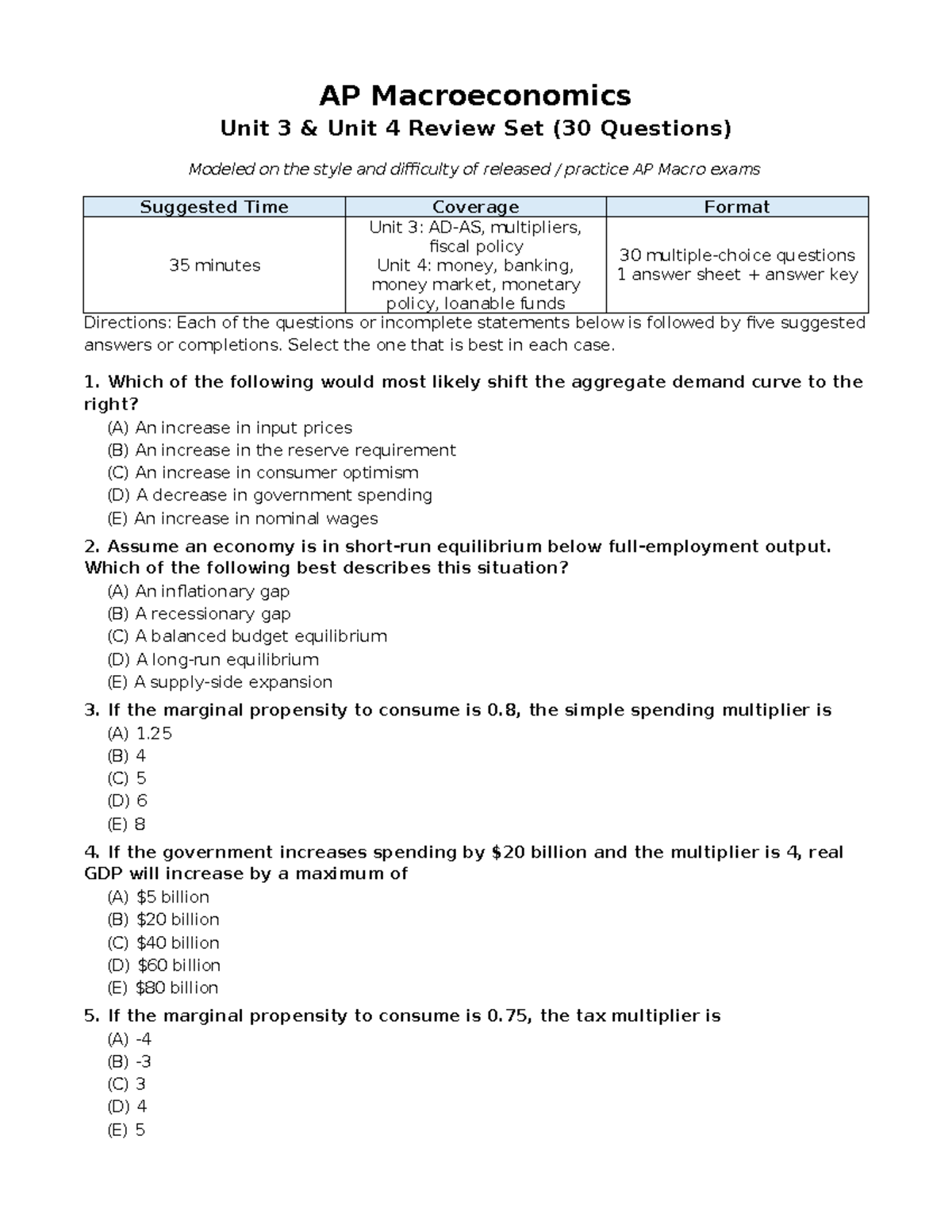 AP Macro Unit 3 & 4 Review: 30 Practice Questions & Answers - Studocu