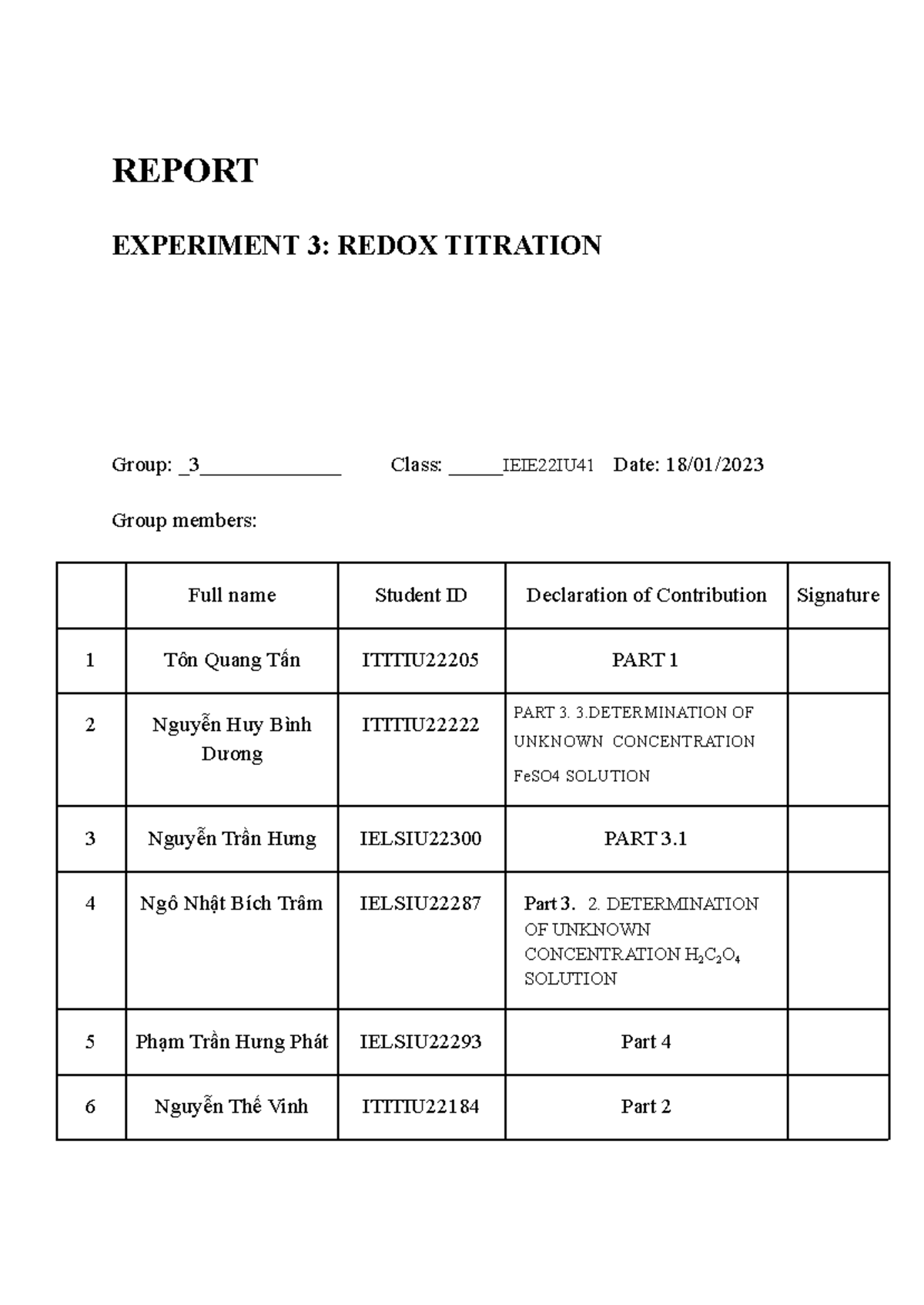 Redox Titration Report for Experiment 3: IEIE22IU41 - Studocu
